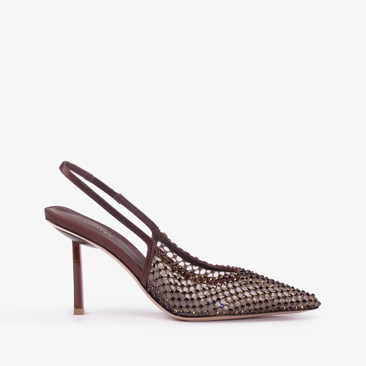 Dark chocolate brown fishnet slingback with Crystals - Le Silla