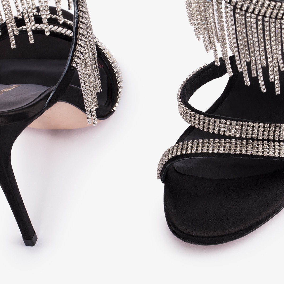 Black satin sandal with silver fringes - Le Silla